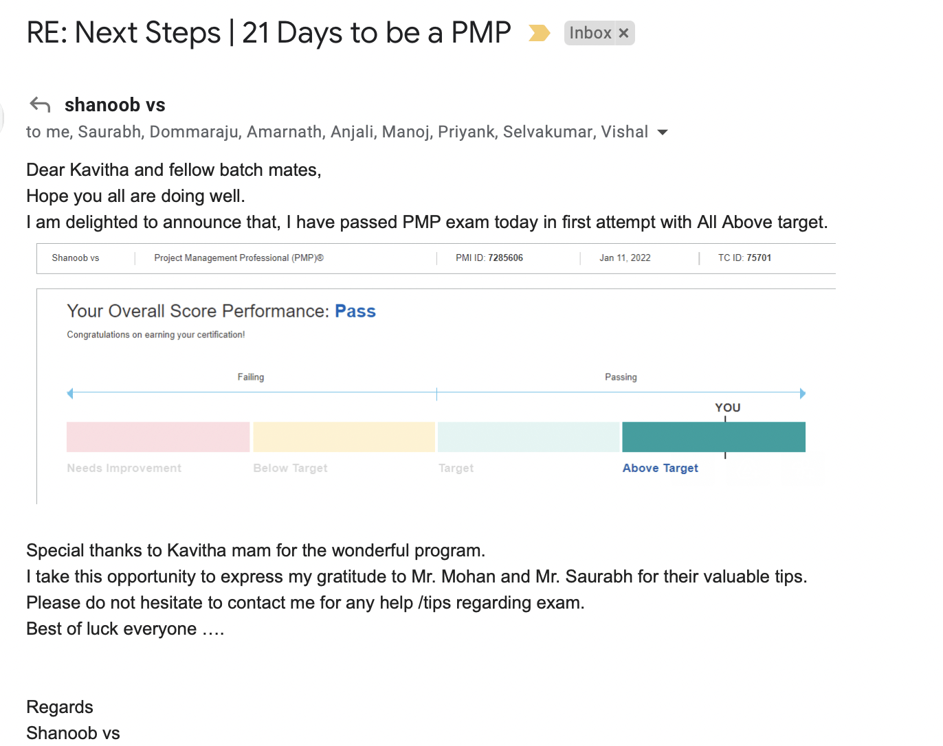 Congratulations Shanoob Vs - You Are A PMP.. - Kavita Sharma